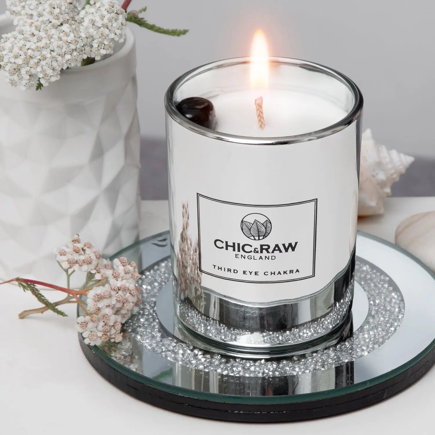 Third Eye Chakra Luxury Crystal Candle with Clear Quartz and Black Obs ...